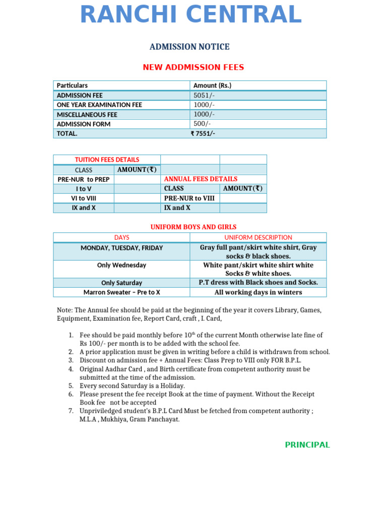 School Fee Structure Table | PDF