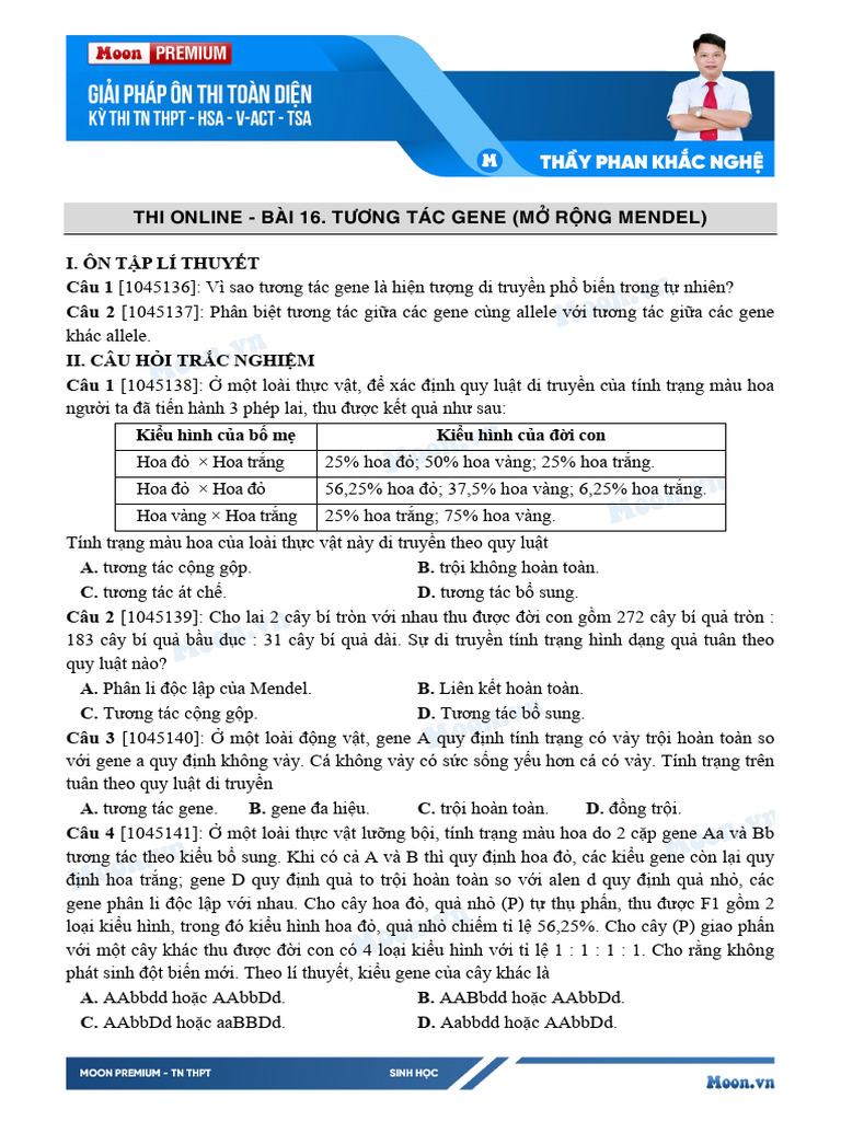 Thi Online - Bài 16. T NG Tác Gene (M R NG Mendel) | PDF