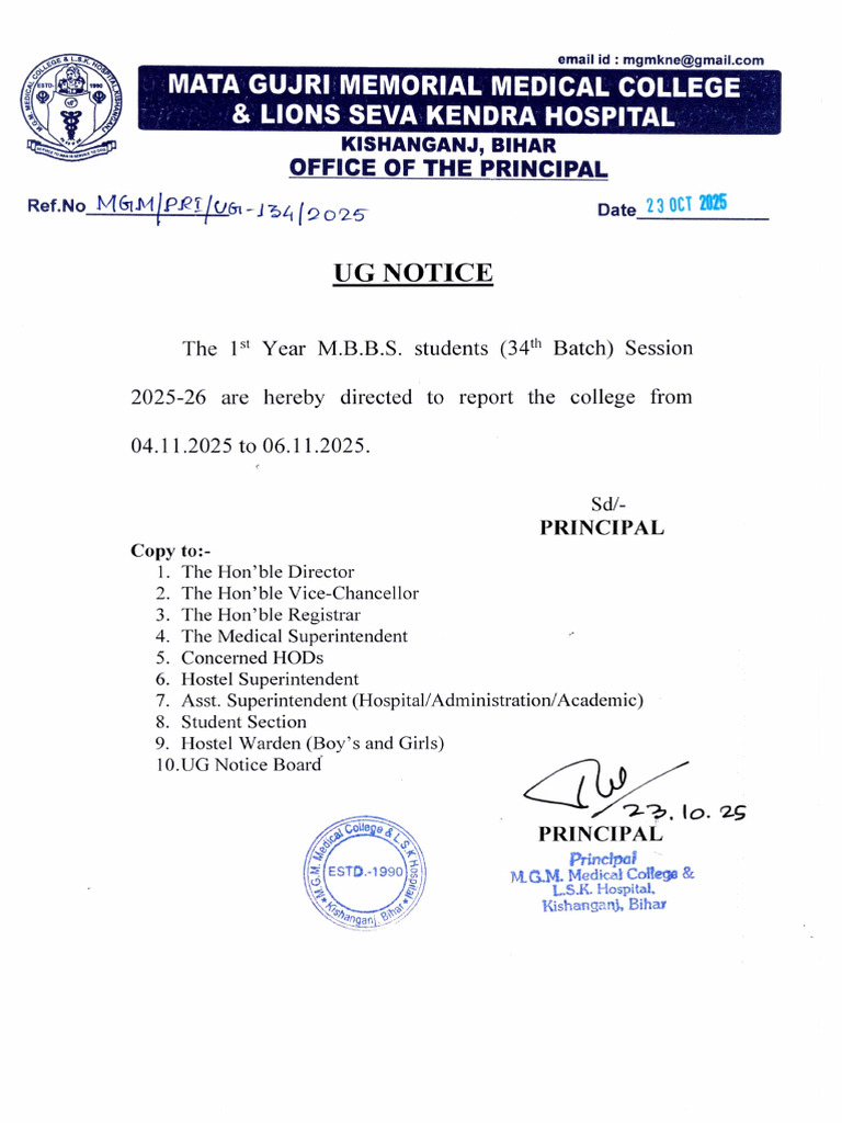 UG Notice (34th Batch College Reporting) | PDF