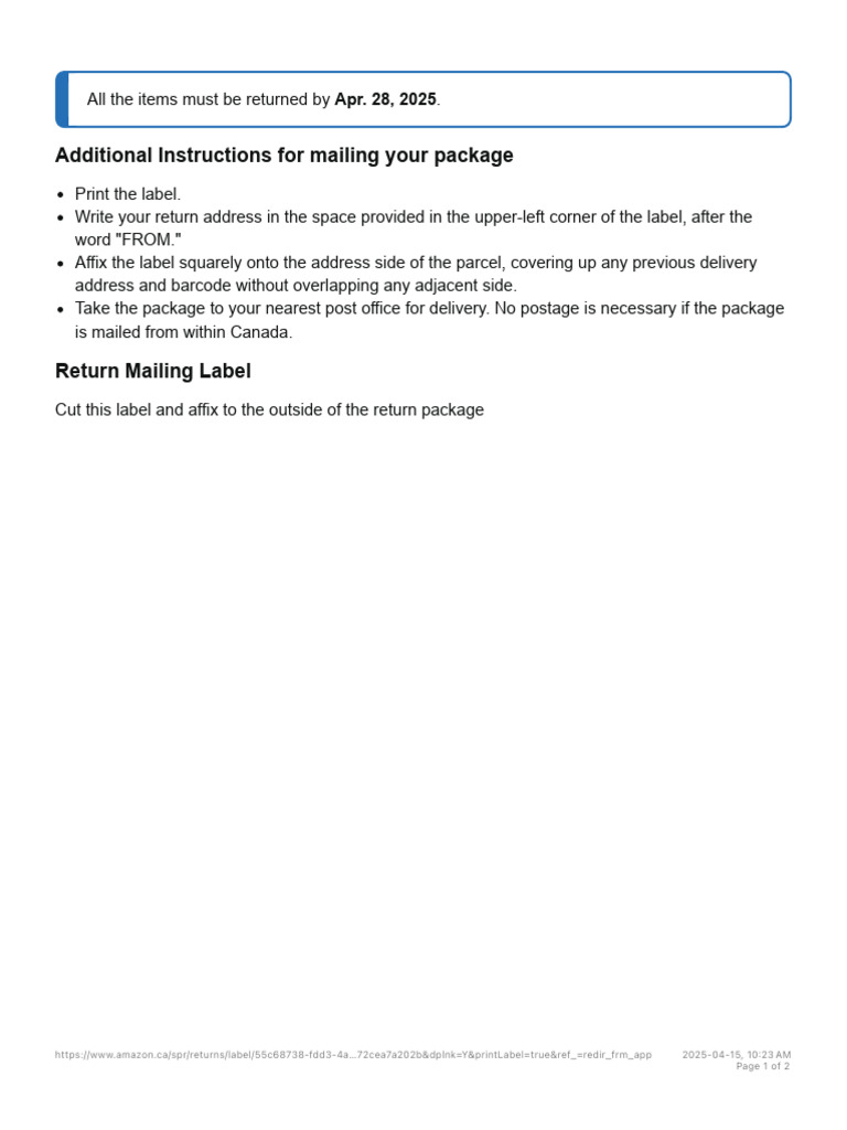 Package Return Instructions for Canada | PDF