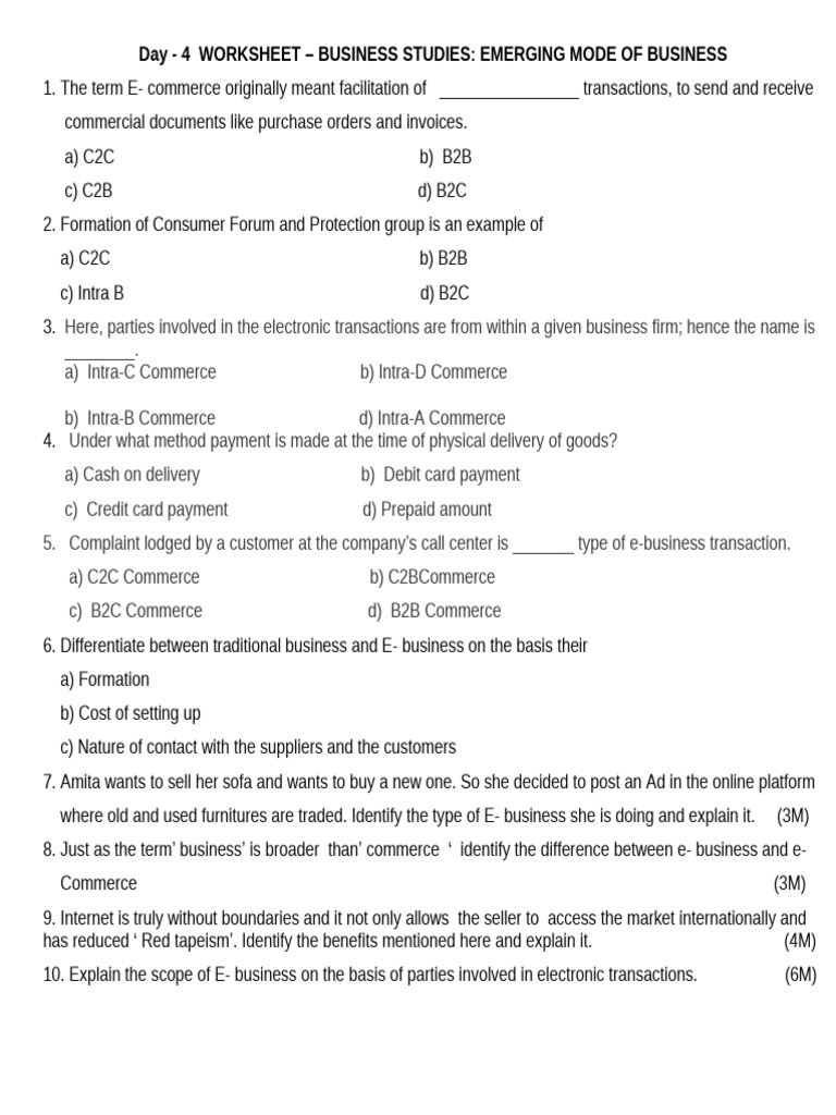 E-Commerce Worksheet for Business Studies | PDF