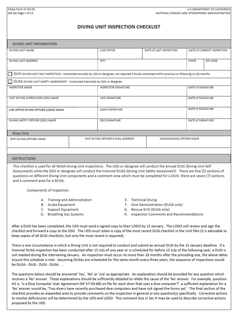 NOAA Form 57-03-03 (09-18) NDP Diving Unit Inspection Checklist | PDF ...