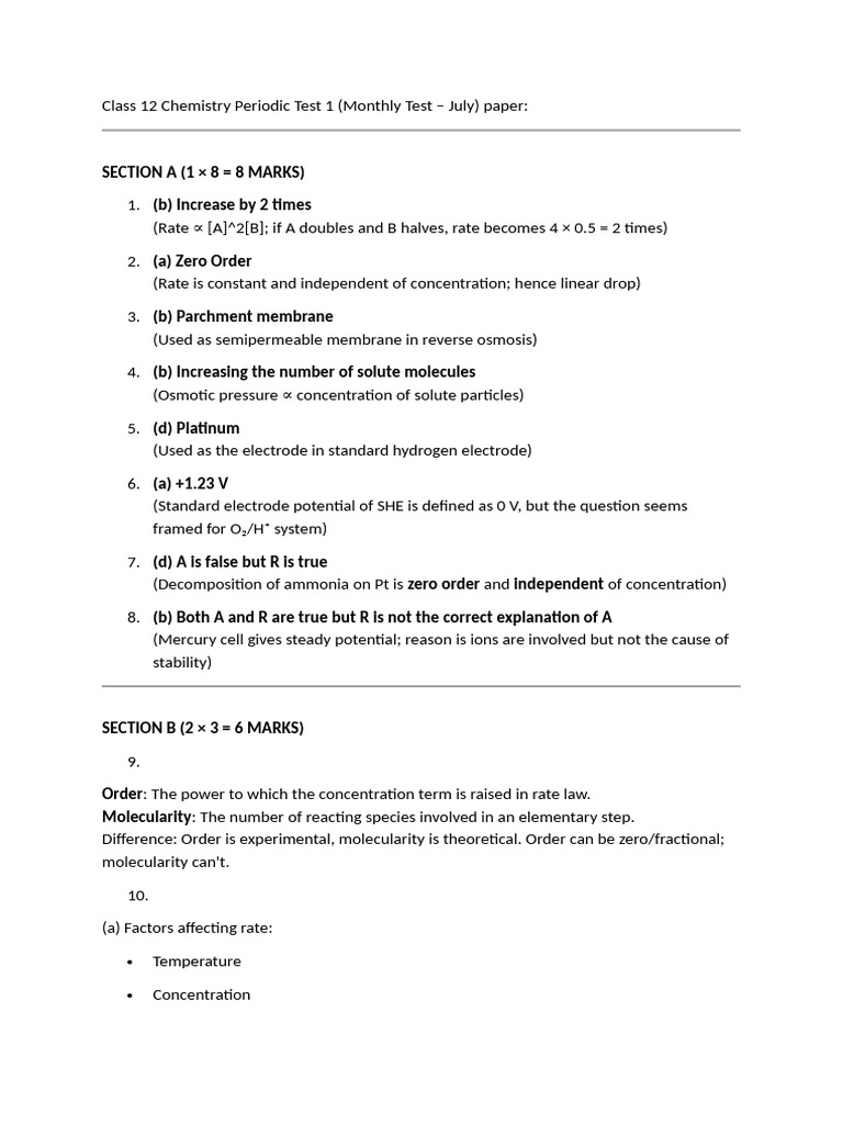 Class 12 Chemistry July Test Paper | PDF | Reaction Rate | Physical ...
