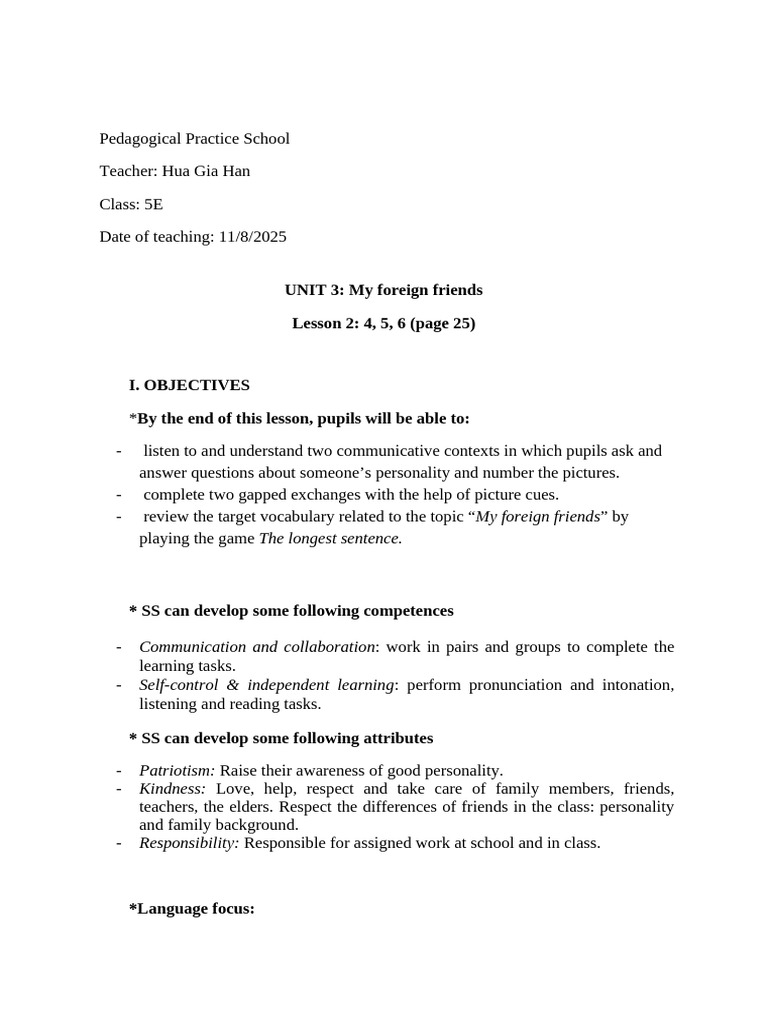 Hua Gia Han - Lesson Plan 5 - U3 - L2p2 | PDF | Vocabulary | Applied ...