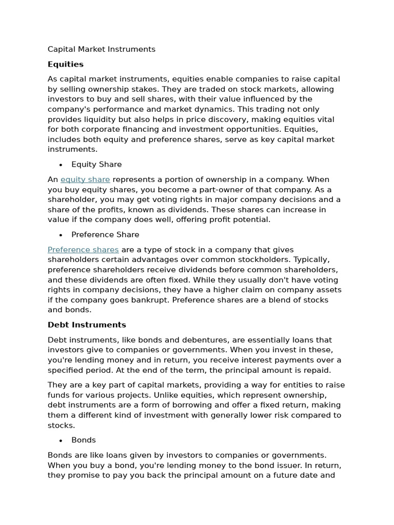 Overview of Capital Market Instruments | PDF | Stocks | Bonds (Finance)