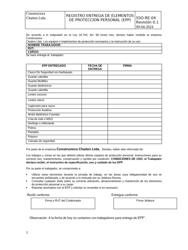 Sso-Re-004 - Registro de Entrega de Epp | PDF