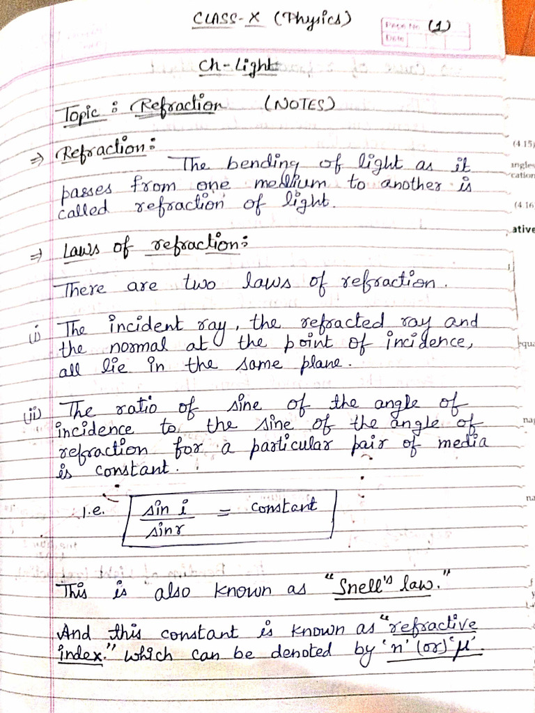 CH - Light (Refraction Notes) Class 10 Handwritten by Expert Tracher | PDF