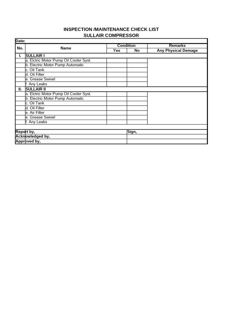 Sullair Compressor Maintenance Checklist | PDF