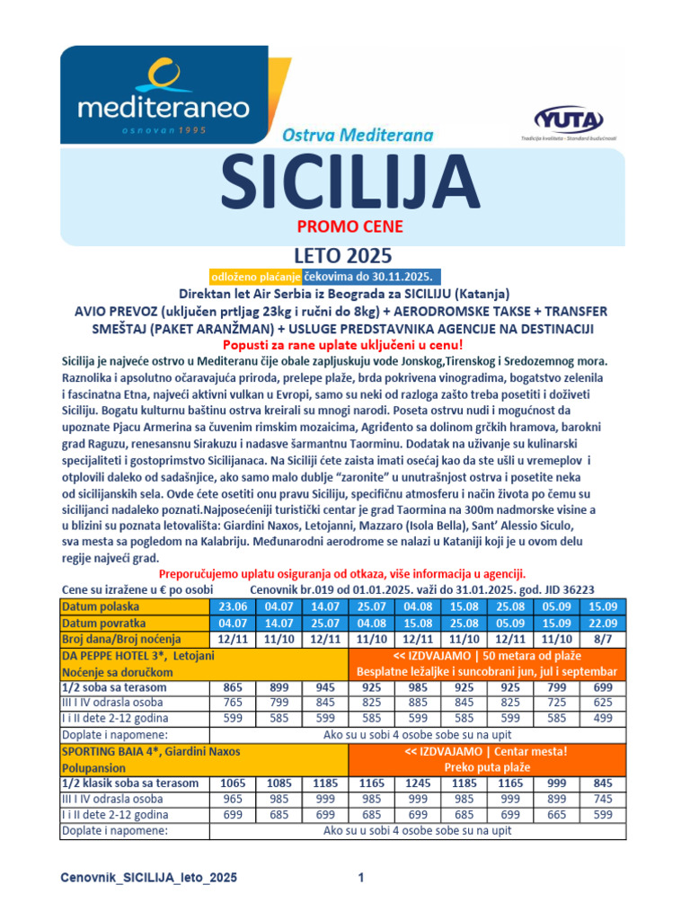 Cenovnik SICILIJA Leto 2025 | PDF