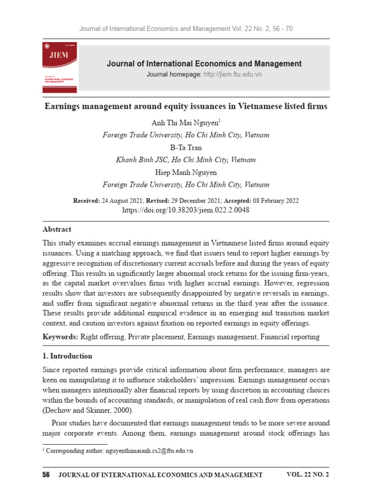 Earnings Management in Vietnam Equity Issuances | PDF | Securitization ...