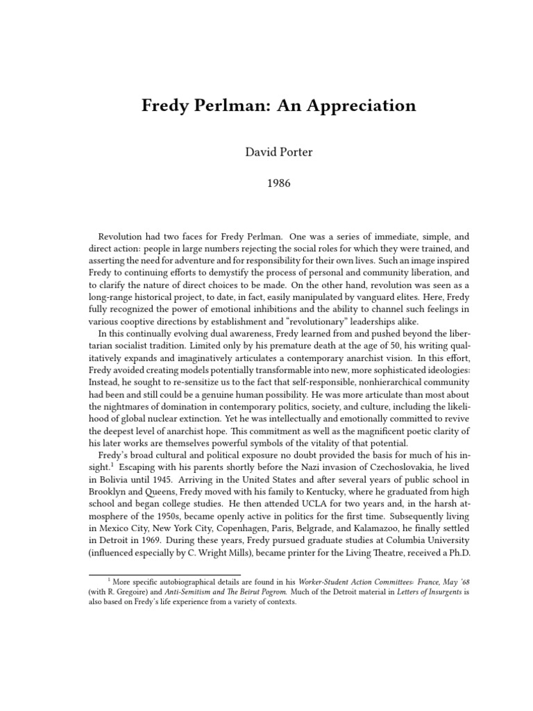 David Porter Fredy Perlman An Appreciation | PDF | Socialism | Nationalism