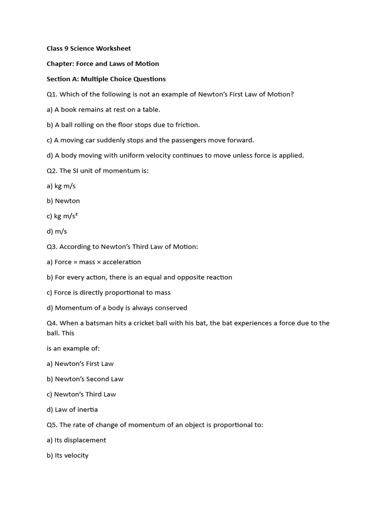 Class 9 Science: Force & Motion Worksheet | PDF | Force | Newton's Laws ...