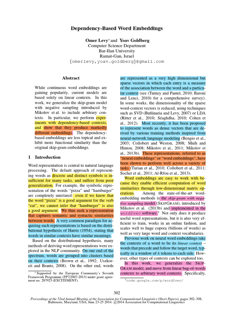 Dependency-Based Word Embeddings (Natural Language Processing NLP) | PDF | Linguistics ...