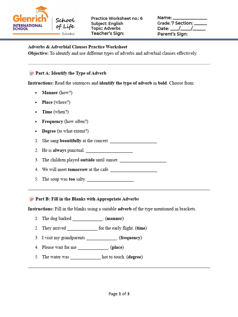 Adverbs and Clauses Practice Worksheet | PDF | Adverb | Language Mechanics