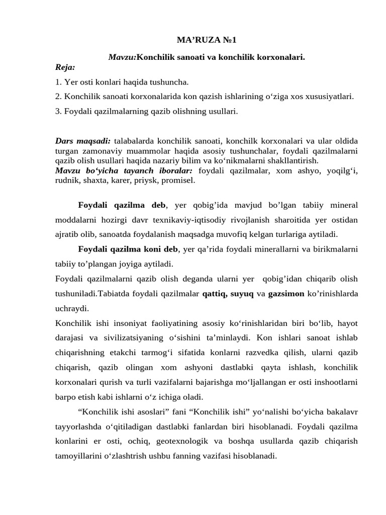 Mavzu: Reja:: Ma'Ruza 1 Konchilik Sanoati Va Konchilik Korxonalari | PDF
