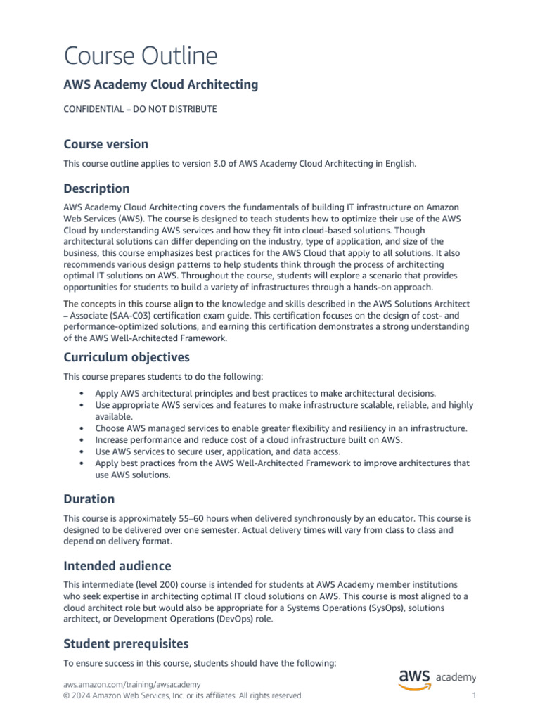 AWS Academy Cloud Architecting (Version 3.0) Course Outline (English) | PDF | Amazon Web ...