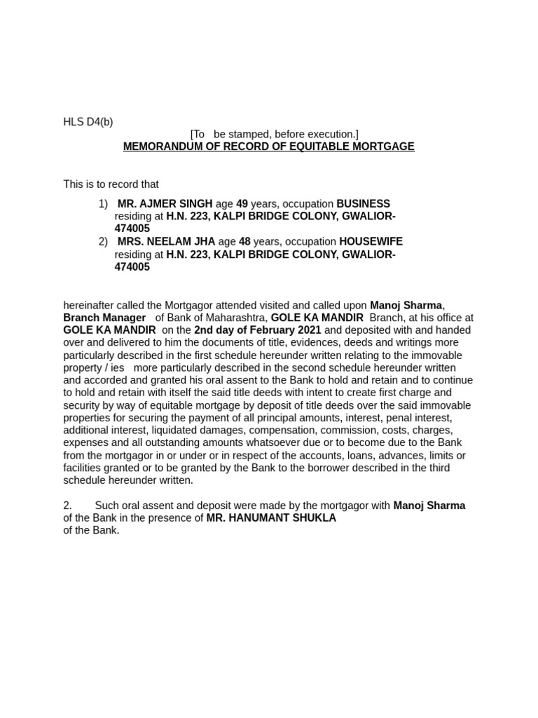 HLS - D4b - Memorandum Recording Deposit of Title Deeds | PDF ...