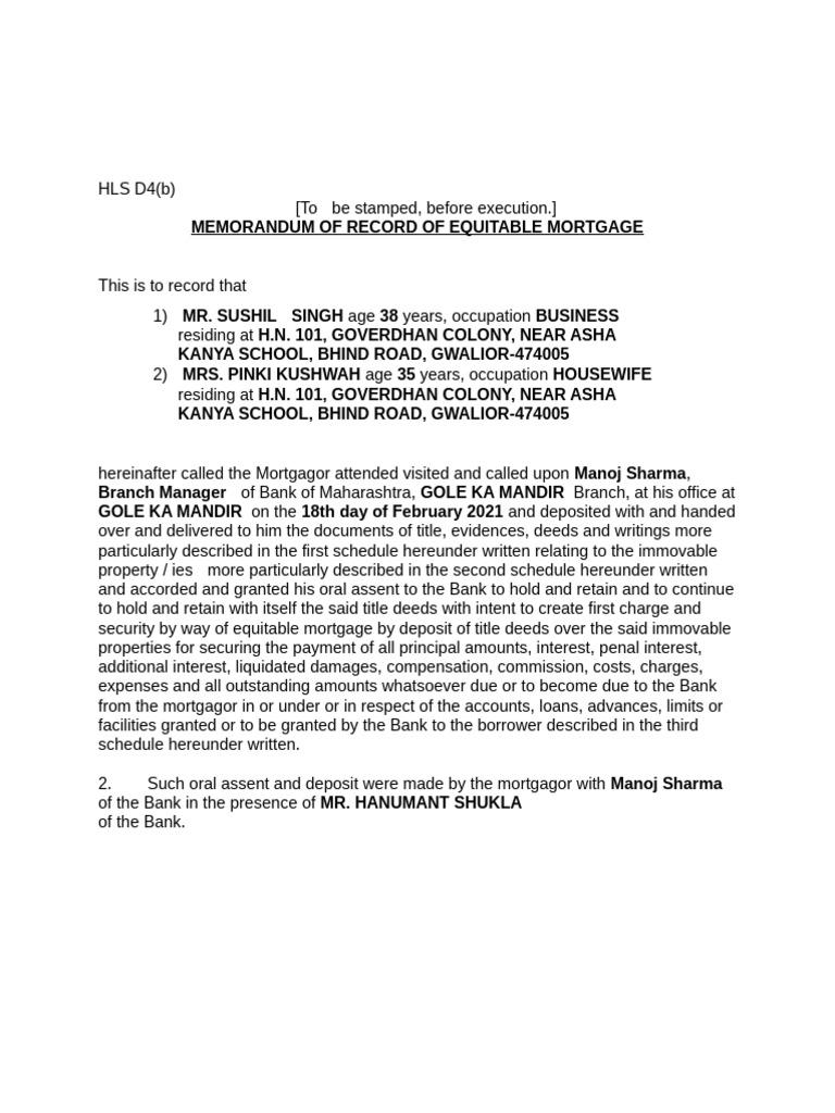 HLS - D4b - Memorandum Recording Deposit of Title Deeds | PDF ...