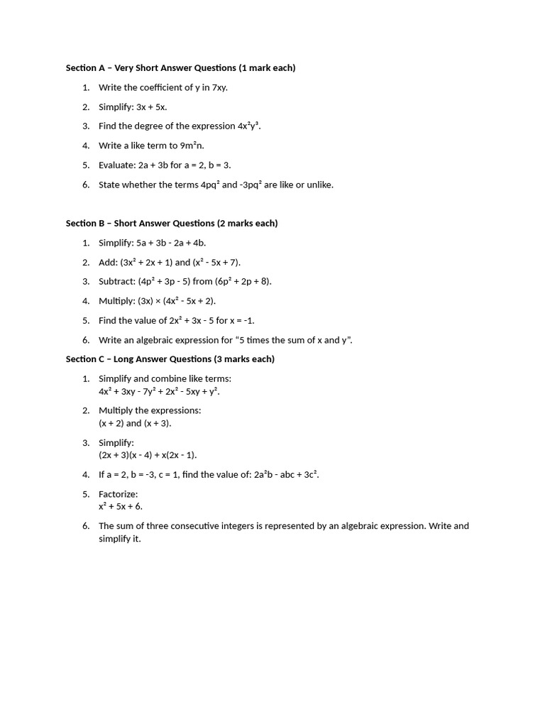 Algebraic Expressions | PDF