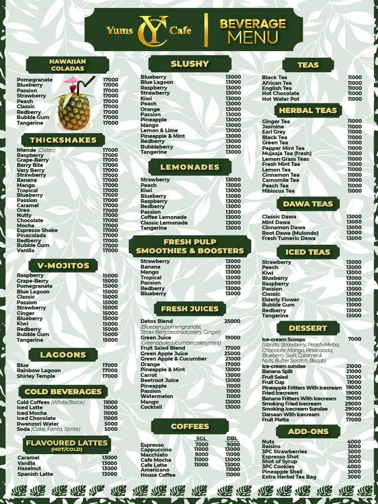 Yums Cafe Menu and Prices | PDF | Fruit | Drink