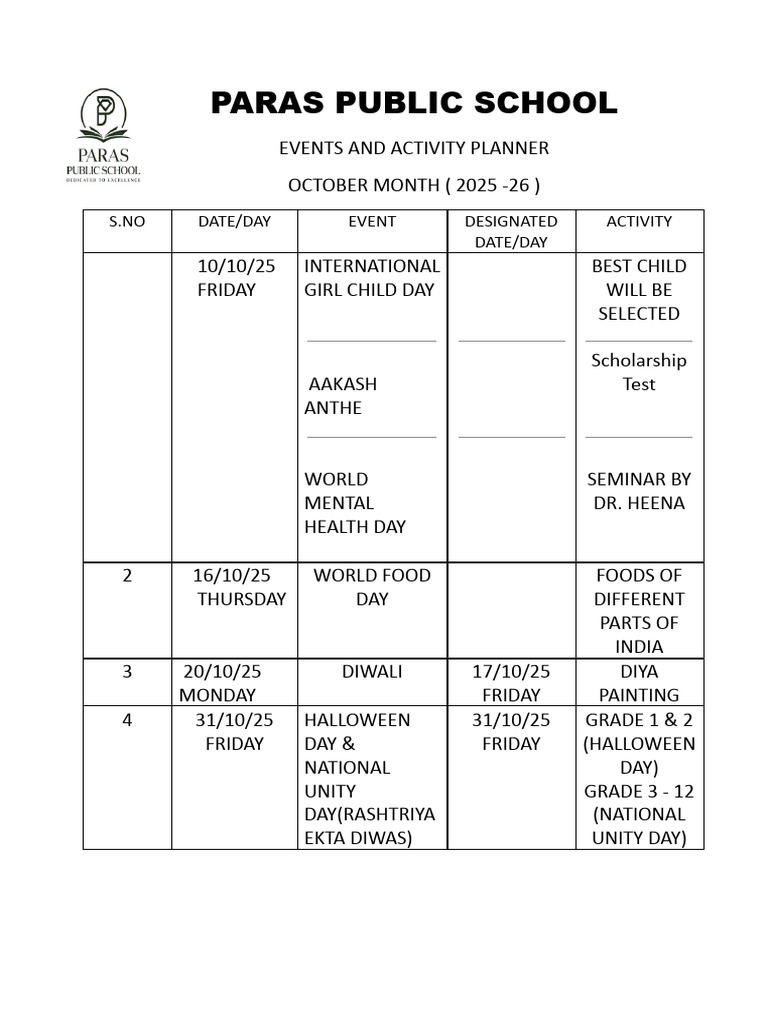 Paras Public School October Events and Activity Planner (2025-2026) | PDF