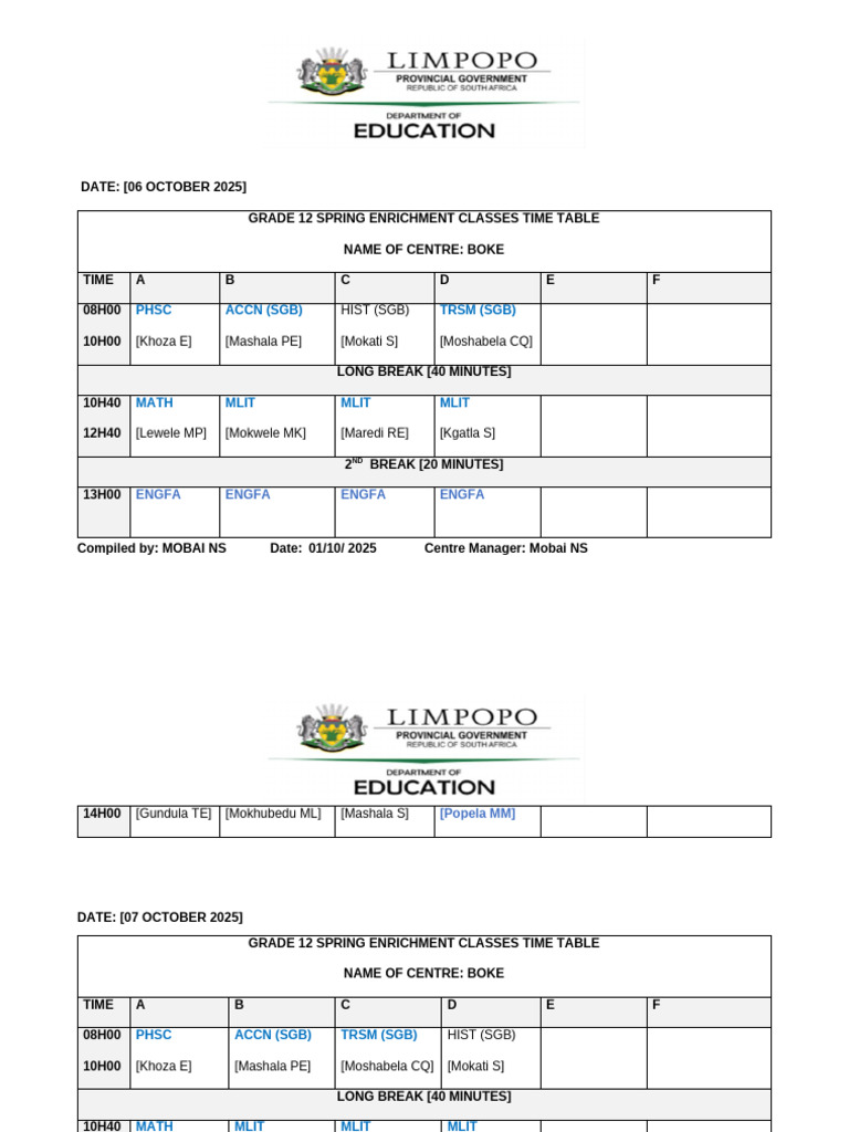 BOKE Spring Enr Final Time Table | PDF