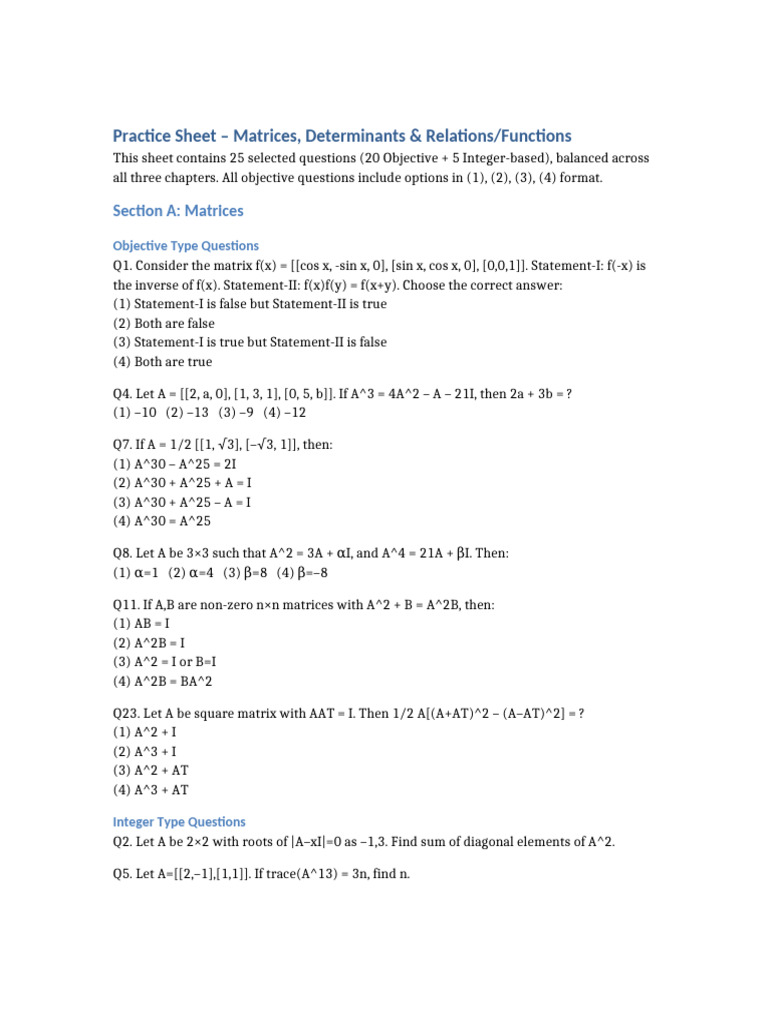 Matrices, Determinants & Functions Practice | PDF | Determinant ...