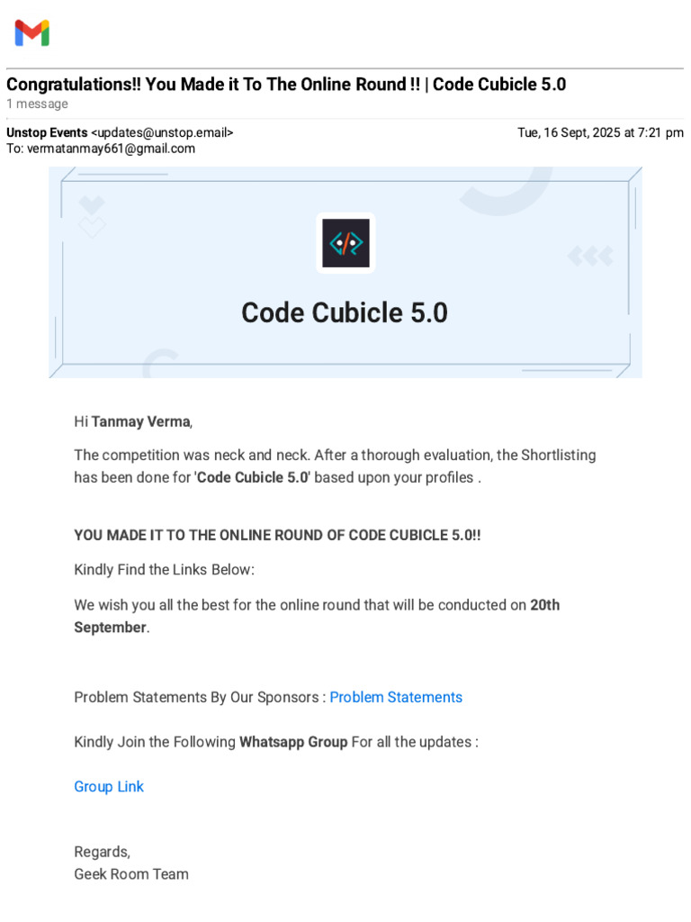 Gmail - Congratulations!! You Made It To The Online Round !! - Code Cubicle 5.0 | PDF
