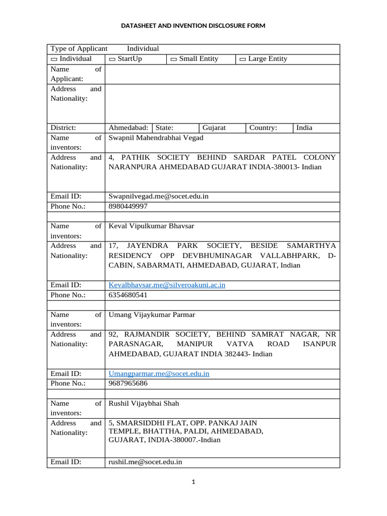Invention Disclosure Form for Applicants | PDF | Invention | Prior Art