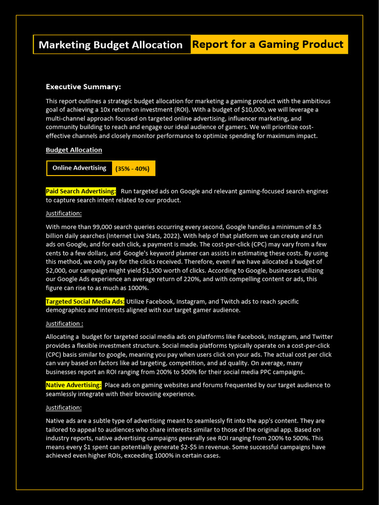 Gaming Product Budget Allocation Report | PDF | Advertising | Media ...