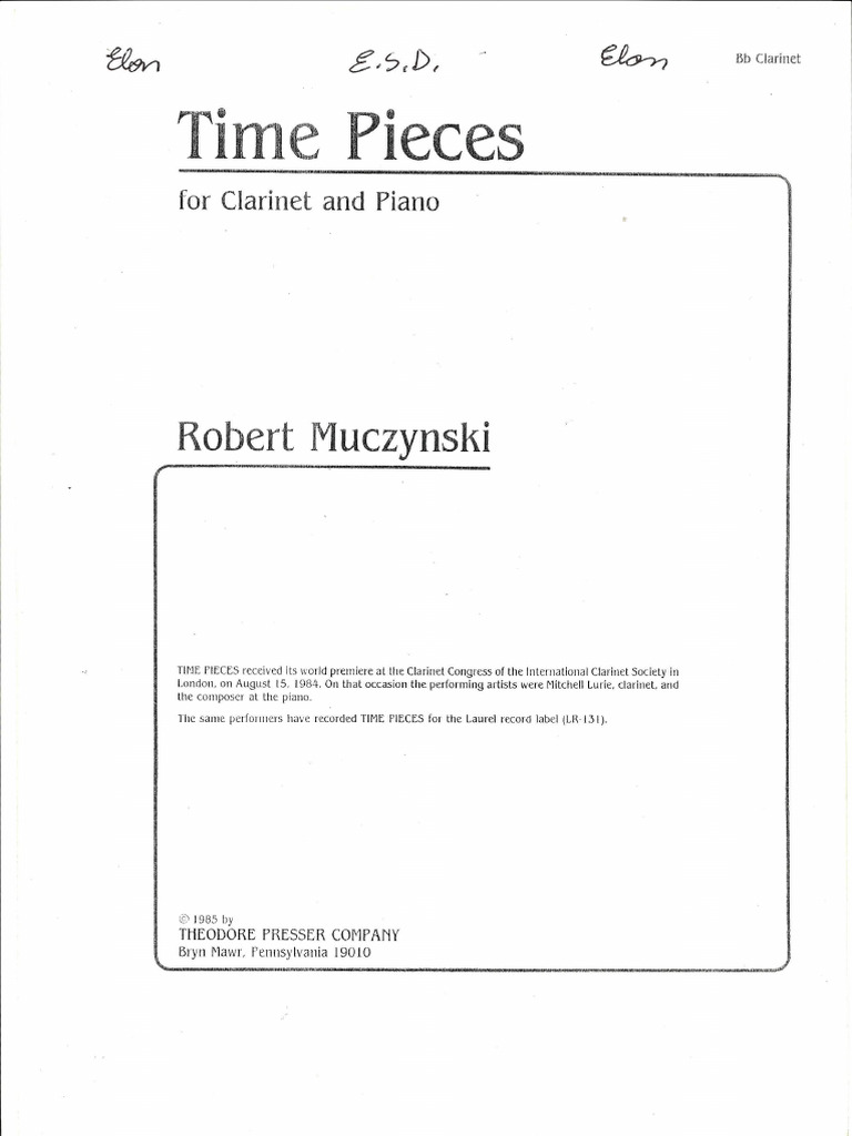 PDF Robert Muczynski Time Pieces For Clarinet and Piano Op43 | PDF