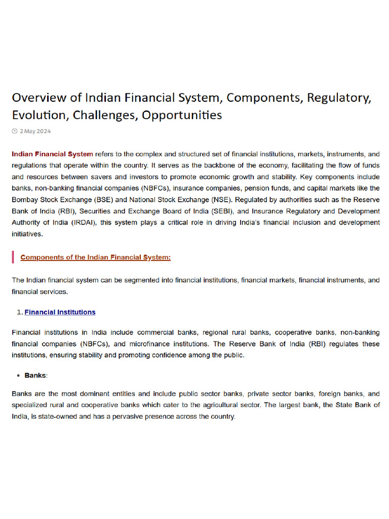 Overview of Indian Financial System, Components, Regulatory, Evolution ...