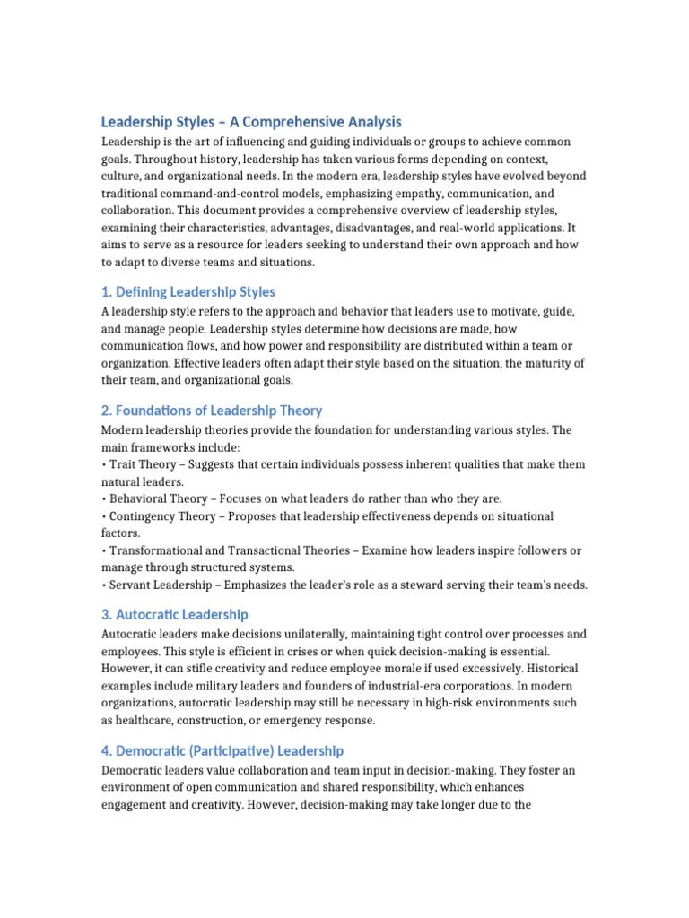 Comprehensive Guide to Leadership Styles | PDF | Leadership ...
