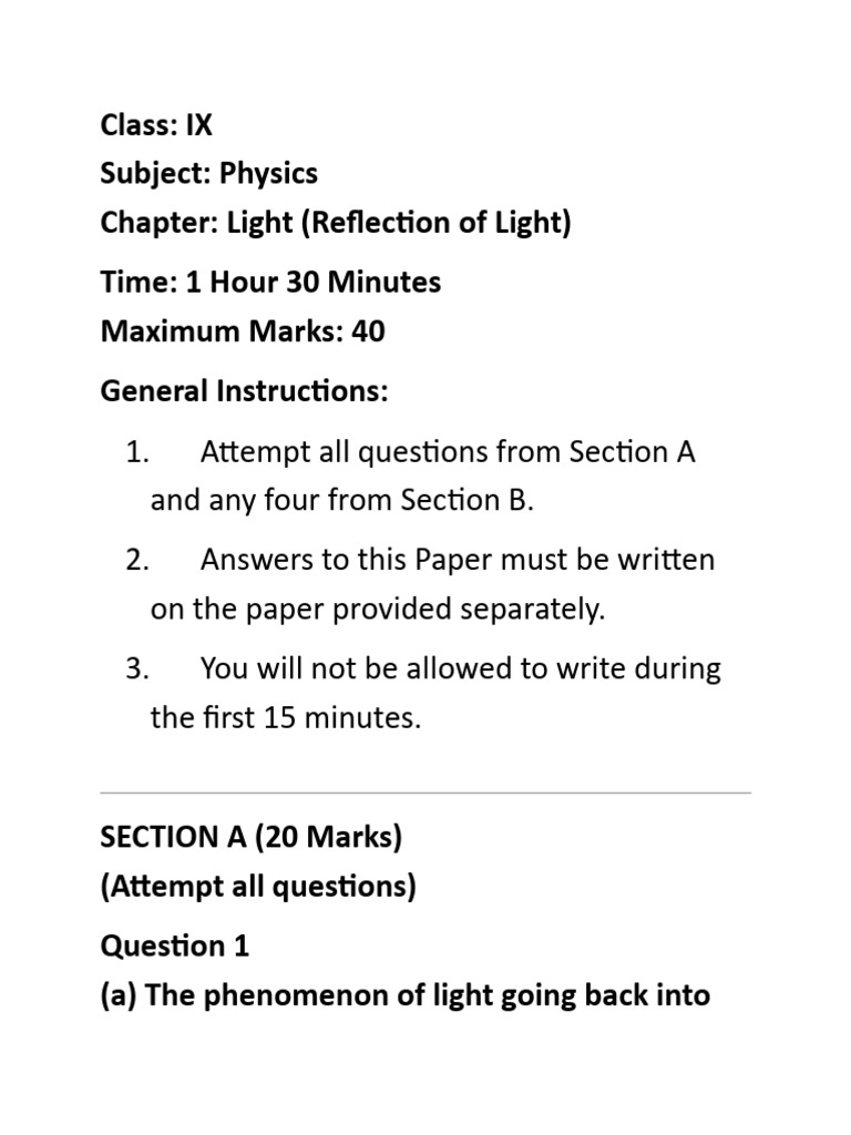 Class: IX Subject: Physics Chapter: Light (Re Ec On of Light) Time: 1 ...