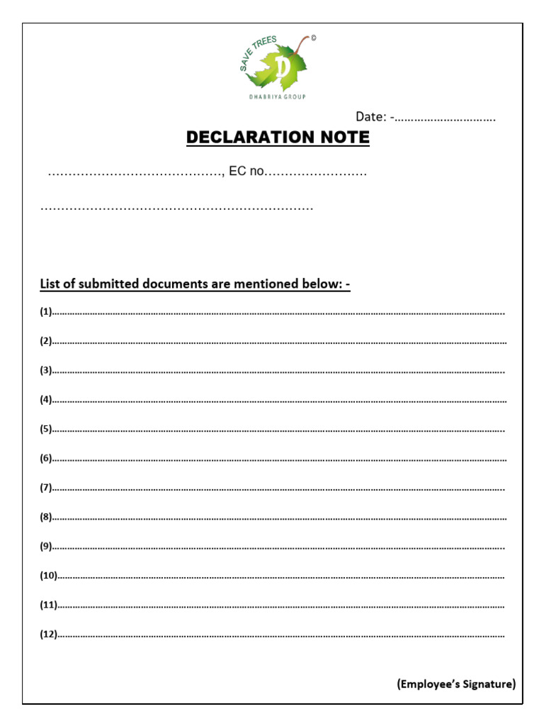 Document Declaration Note For New Joinee | PDF
