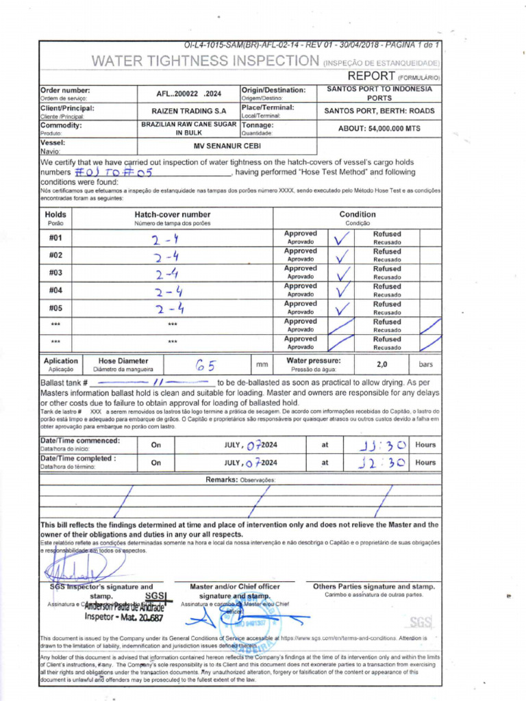 Water Tightness Inspection Report - Sgs - 07.072024 | PDF