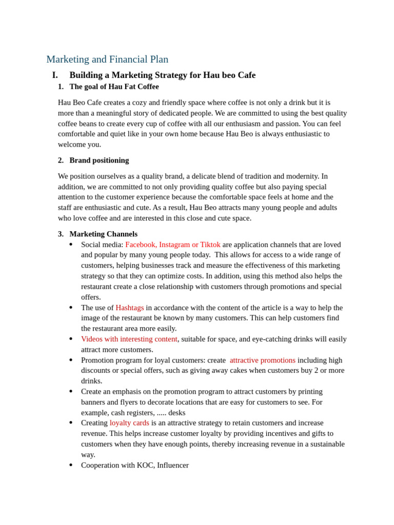 Hau Beo Cafe Marketing & Financial Plan | PDF | Marketing | Business ...