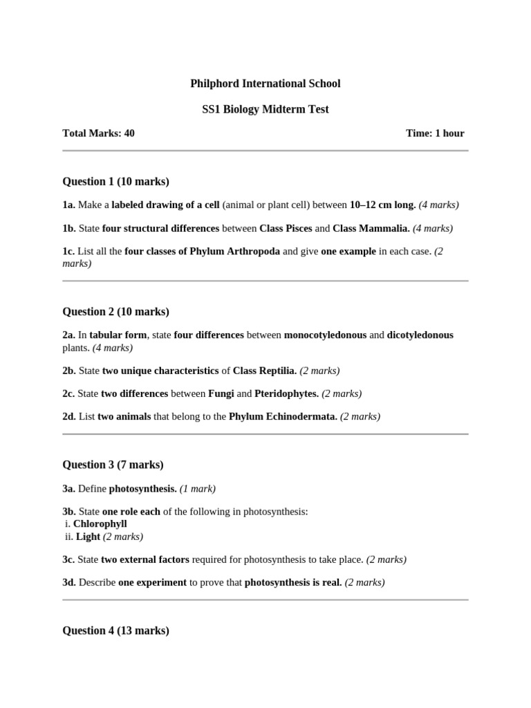 SS1 Biology Midterm Test Guide | PDF