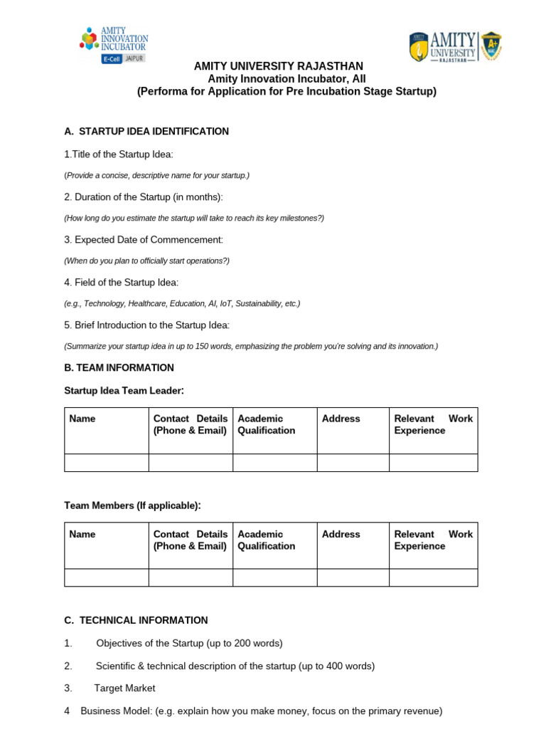 Startup Proposal Form - Pre Incubation Stage | PDF