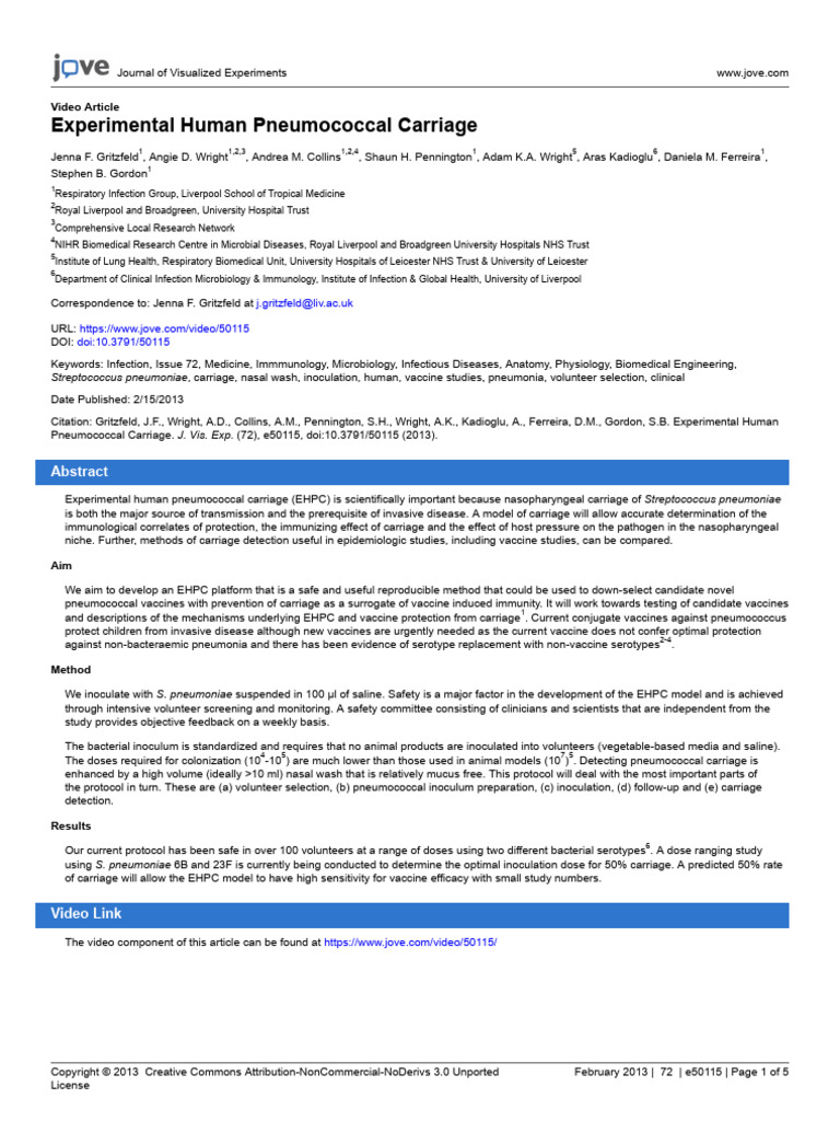Jove Protocol 50115 Experimental Human Pneumococcal Carriage | PDF ...