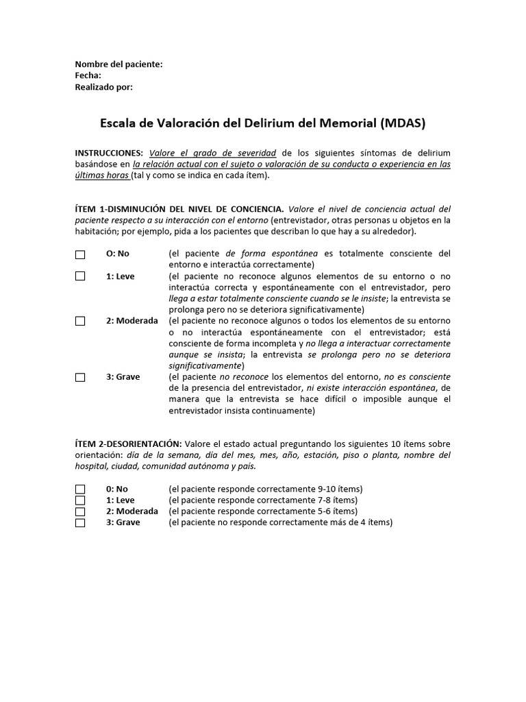 Escala MDAS para Evaluar Delirium | PDF | Dormir | Engaño