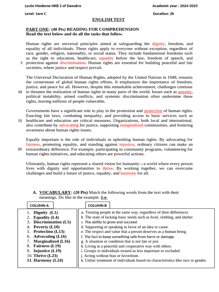 TEST UNIT 5 LOWER SIXTH HUMAN RIGHTS by Mr. Bolou. | PDF | Human Rights ...