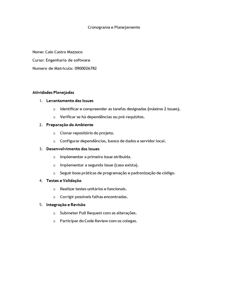Caio Castro Mazzoco (Cronograma e Planejamento) | PDF