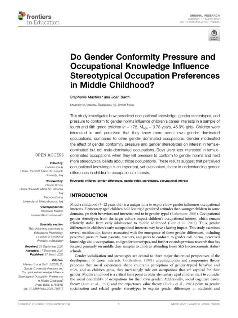 Do Gender Conformity Pressure and Occupational Knowledge Influence ...