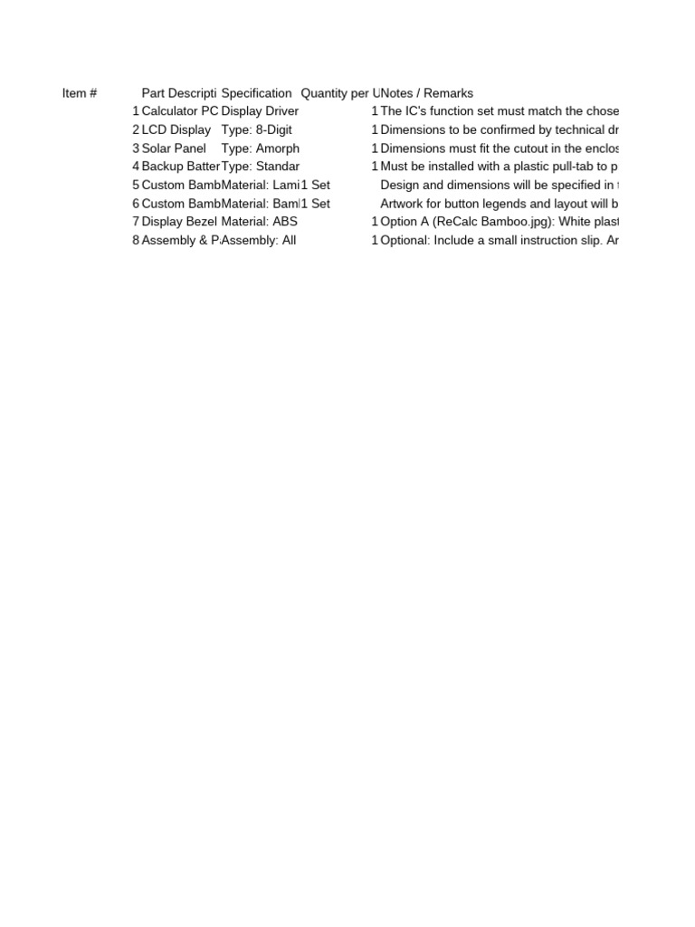 Calculator Assembly Specifications Guide | PDF