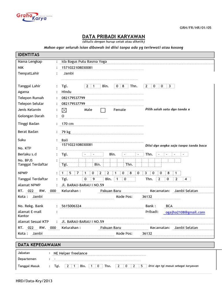 Formulir Data Pribadi Karyawan | PDF