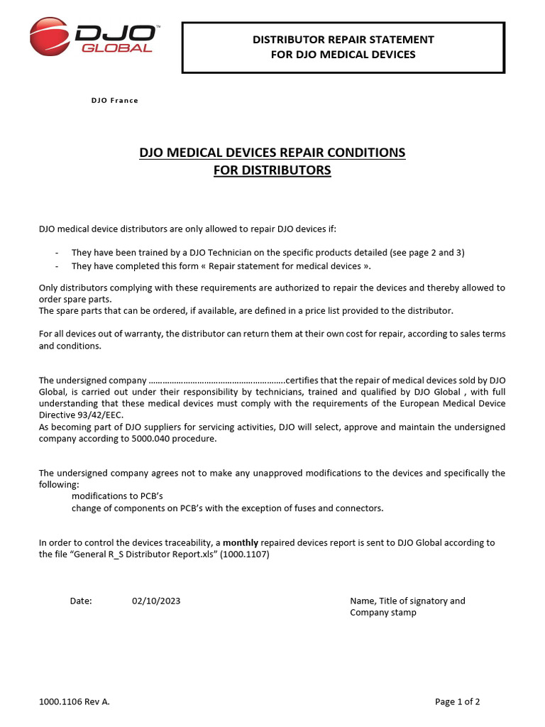 1000.1106 A - Distributor Repair Statement For DJO Medical Devices ...