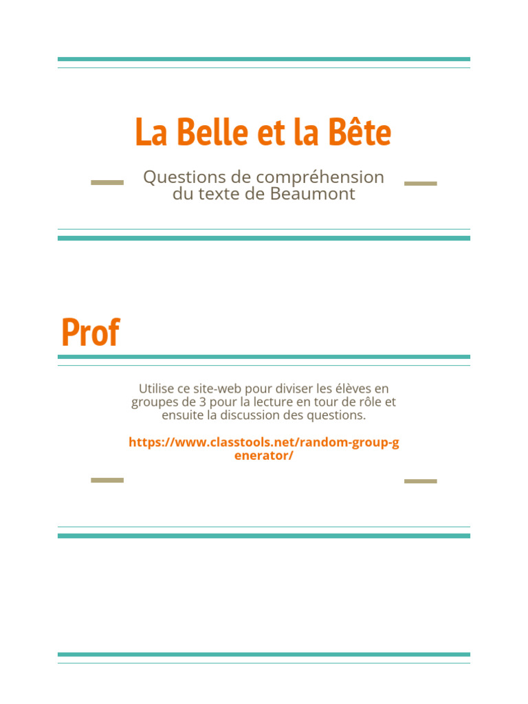 Questions de compréhension : La Belle et la Bête | PDF