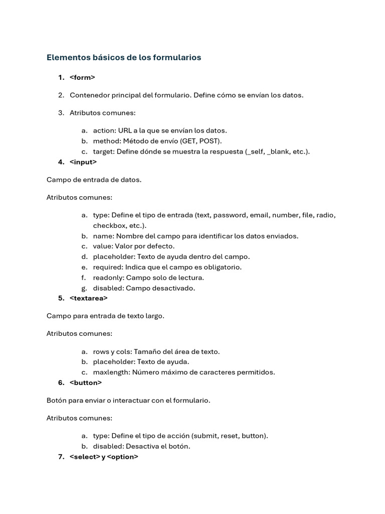 Elementos Clave de Formularios HTML | PDF