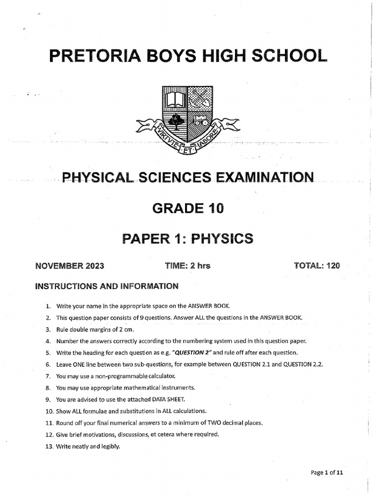 Form 3 Physical Sciences Paper 1 Physics November 2023 | PDF